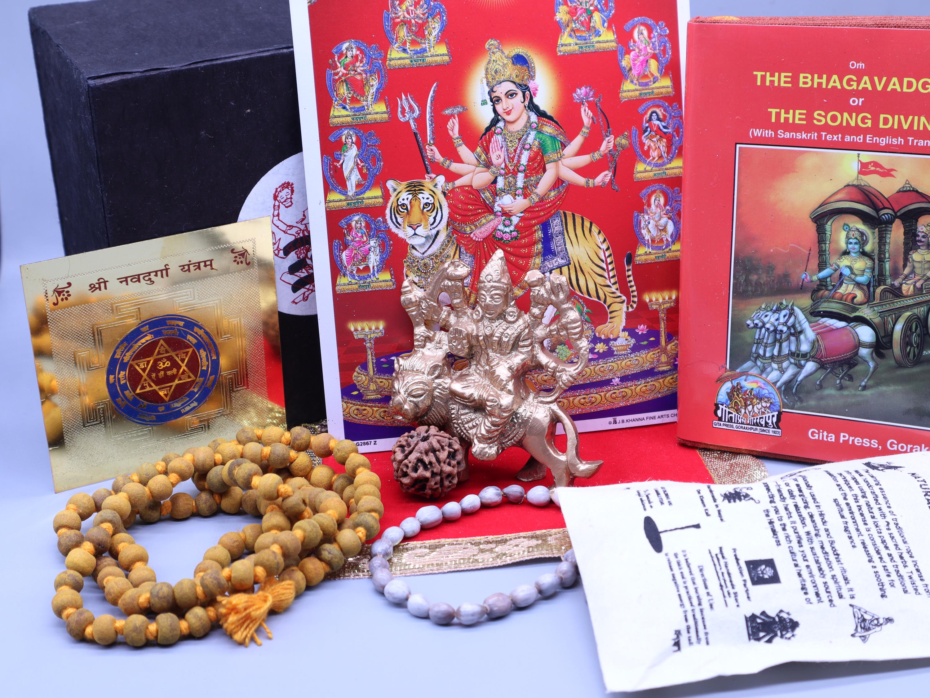 Durga Divine Gift Box: Brass Statue, Yantra, Haldi Mala – Om Kleem Kali